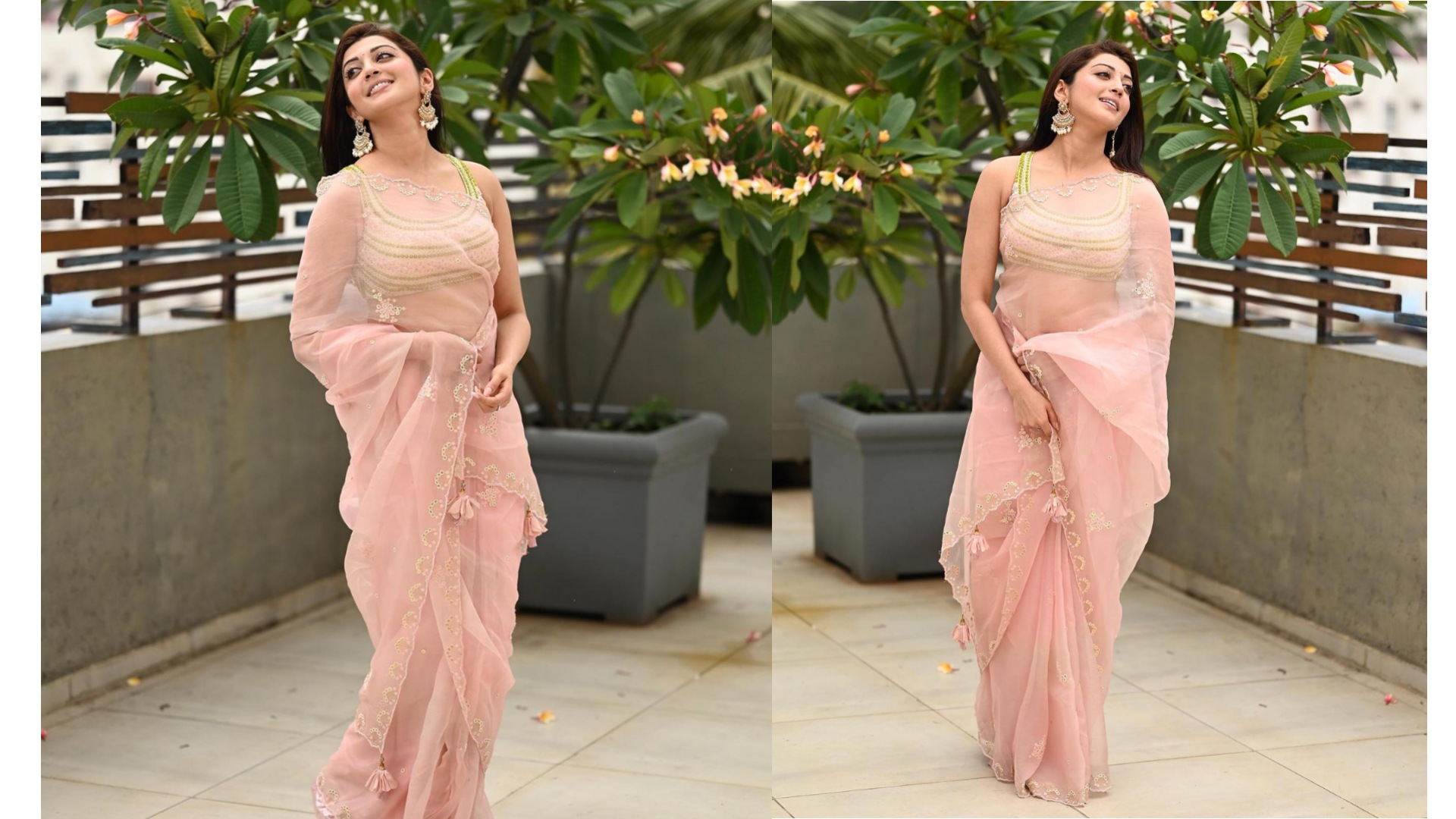 Pranitha subash hot pose in transparent saree - glamsundari.in